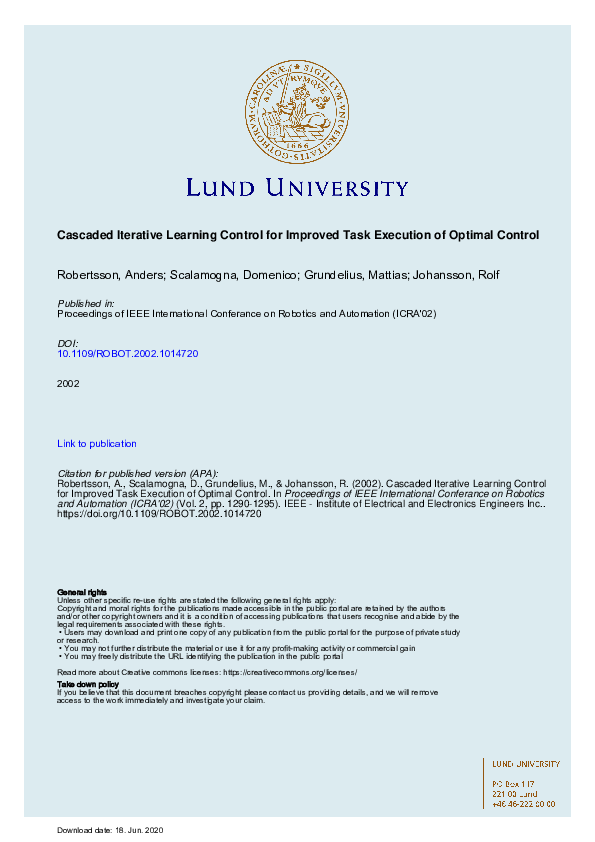Pdf Cascaded Iterative Learning Control For Improved Task Execution Of Optimal Control