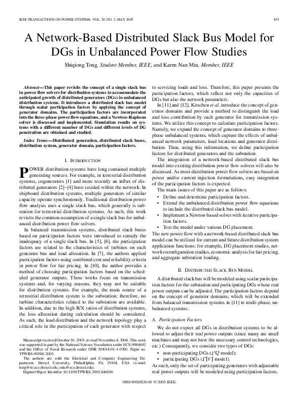 (PDF) A Network-Based Distributed Slack Bus Model for DGs in Unbalanced ...