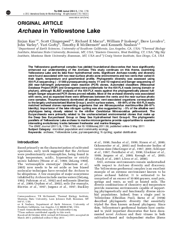 (PDF) Archaea in Yellowstone Lake