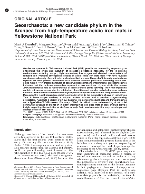 (PDF) Geoarchaeota: a new candidate phylum in the Archaea from high ...