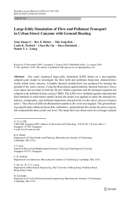 (PDF) Large-Eddy Simulation of Flow and Pollutant Transport in Urban Street Canyons with Ground ...