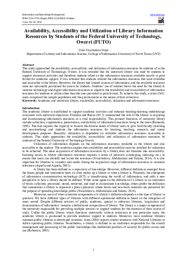 (PDF) Availability, Accessibility and Utilization of Library Information Resources by Students ...