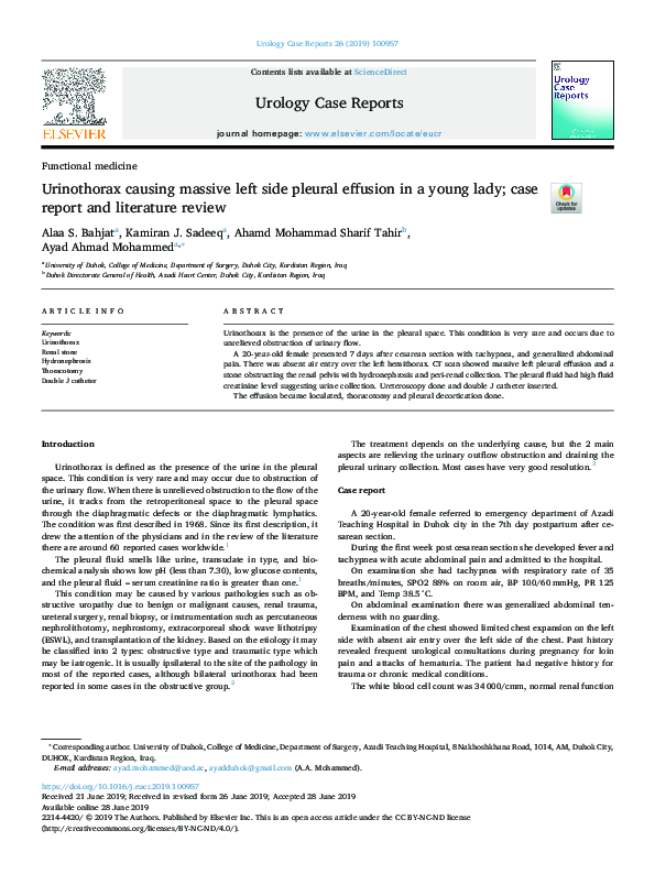 (PDF) Urinothorax causing massive left side pleural effusion in a young ...