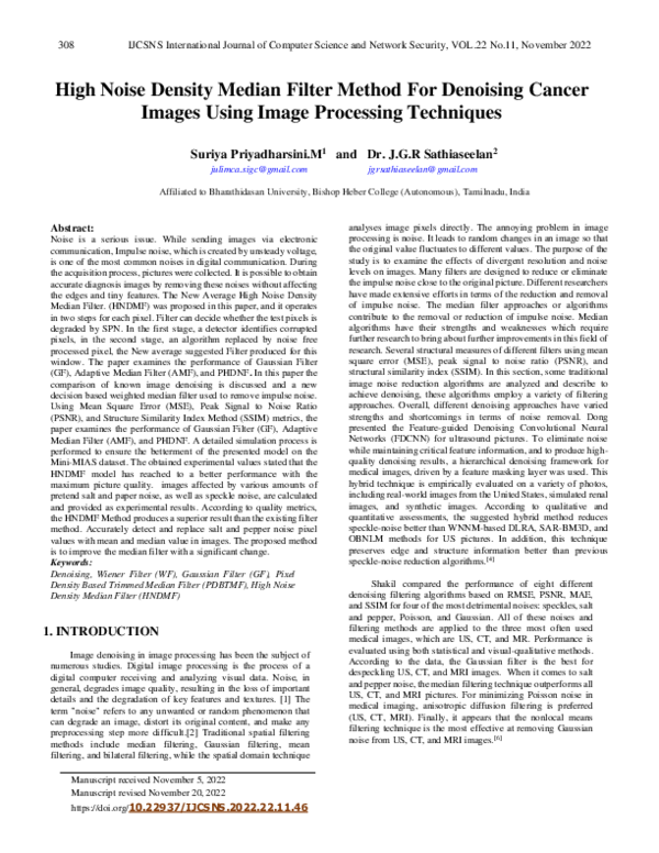 (PDF) High Noise Density Median Filter Method For Denoising Cancer Images Using Image Processing ...