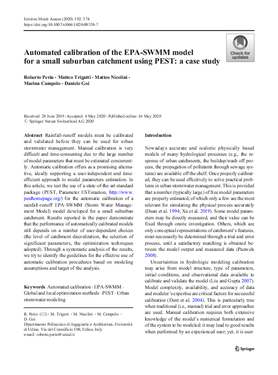 (PDF) Automated calibration of the EPA-SWMM model for a small suburban catchment using PEST: a ...