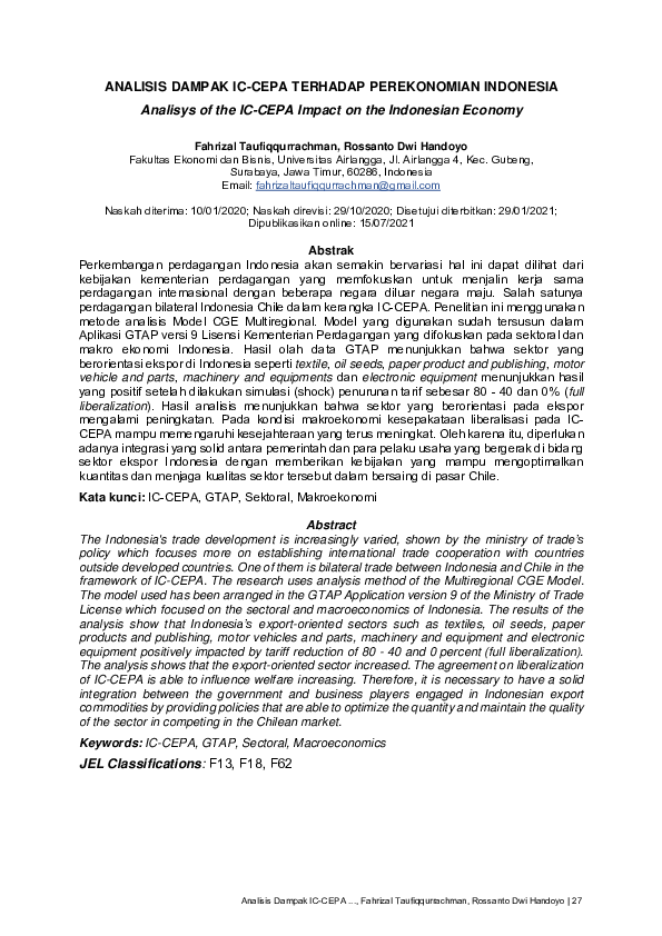 (PDF) Analisis Dampak Ic-Cepa Terhadap Perekonomian Indonesia