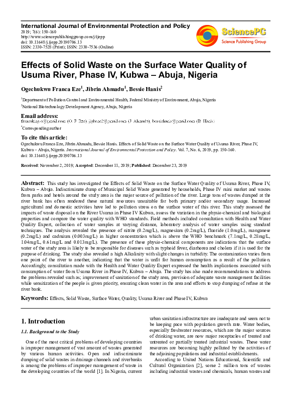 (PDF) Effects of Solid Waste on the Surface Water Quality of Usuma River, Phase IV, Kubwa ...