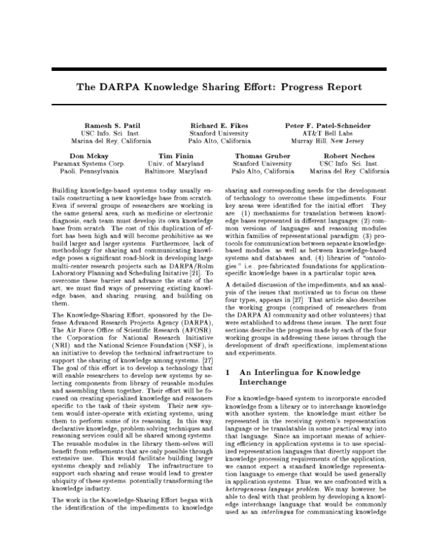 (PDF) The DARPA knowledge sharing effort: progress report