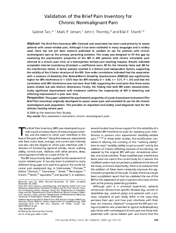 (PDF) Validation of the brief pain inventory for chronic nonmalignant pain