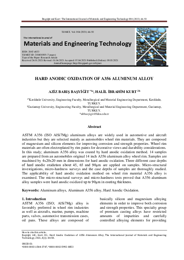 (PDF) Hard Anodic Oxidation of A356 Aluminum Alloy