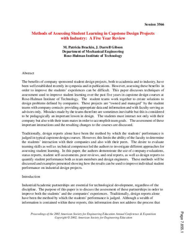 (PDF) Methods Of Assessing Student Learning In Capstone Design Projects With Industry: A Five ...
