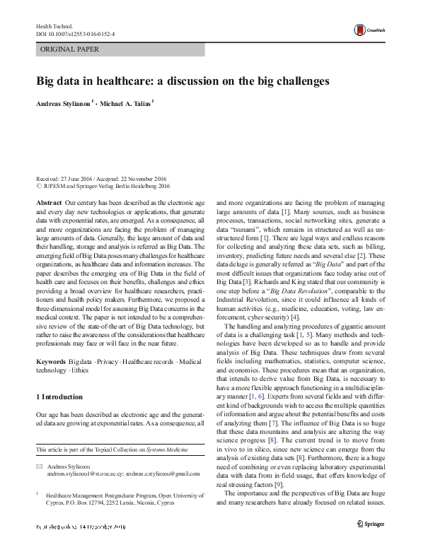 (PDF) Big data in healthcare: a discussion on the big challenges