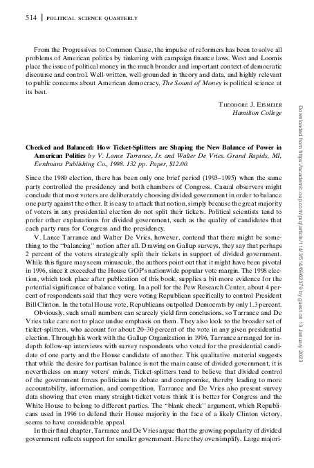 (PDF) Checked and Balanced: How Ticket-Splitters are Shaping the New ...