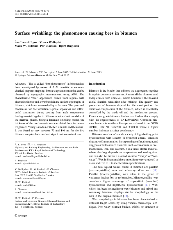 (PDF) Surface wrinkling: the phenomenon causing bees in bitumen | Åsa Laurell Lyne - Academia.edu