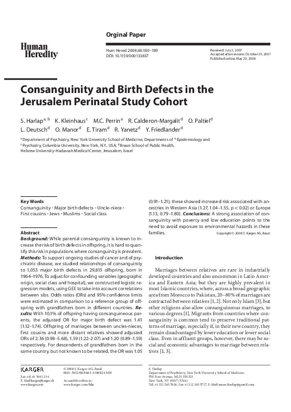 (PDF) Consanguinity and Birth Defects in the Jerusalem Perinatal Study Cohort