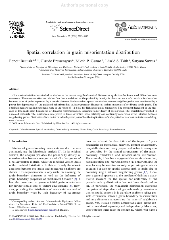 (PDF) s personal copy Spatial correlation in grain misorientation distribution
