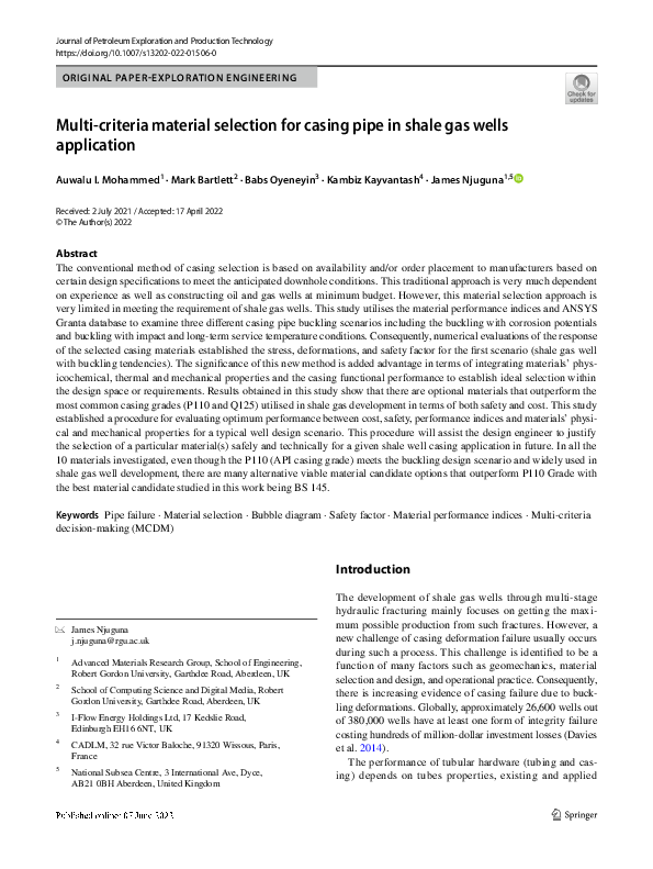 (PDF) Multi-criteria material selection for casing pipe in shale gas ...