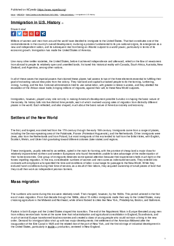 (PDF) Immigration in U.S. history