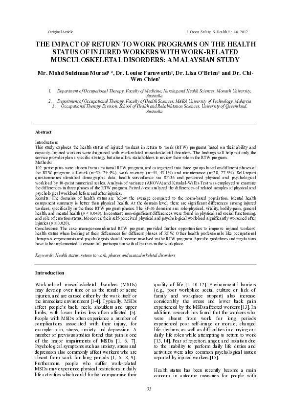 (PDF) The Impact of Return to Work Programs on the Health Status of ...