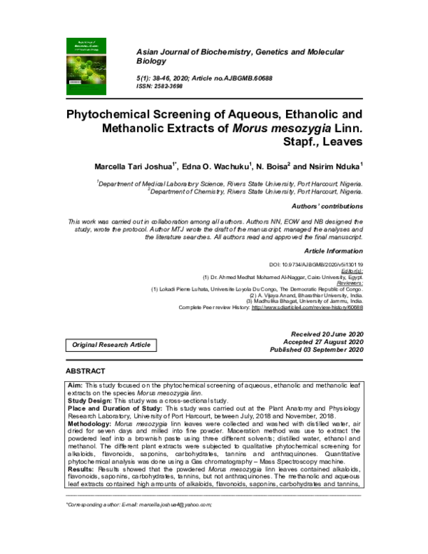 (PDF) Phytochemical Screening of Aqueous, Ethanolic and Methanolic Extracts of Morus mesozygia ...
