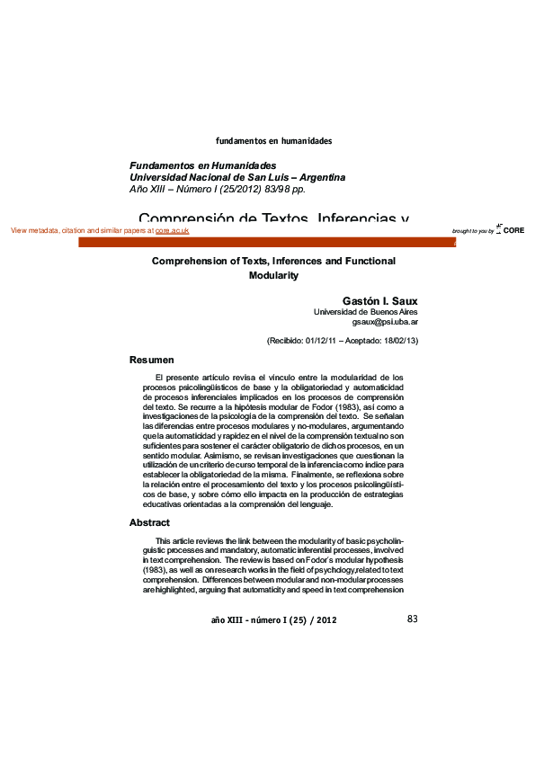 (PDF) Comprehension of Texts, Inferences and Functional Modularity (PDF) Comprehension of Texts, Inferences and Functional Modularity