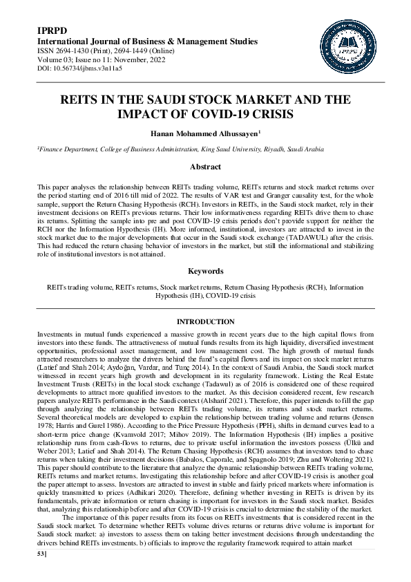 (PDF) REITS In The Saudi Stock Market And The Impact Of Covid-19 Crisis