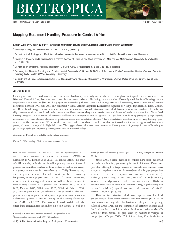 (PDF) Mapping Bushmeat Hunting Pressure in Central Africa