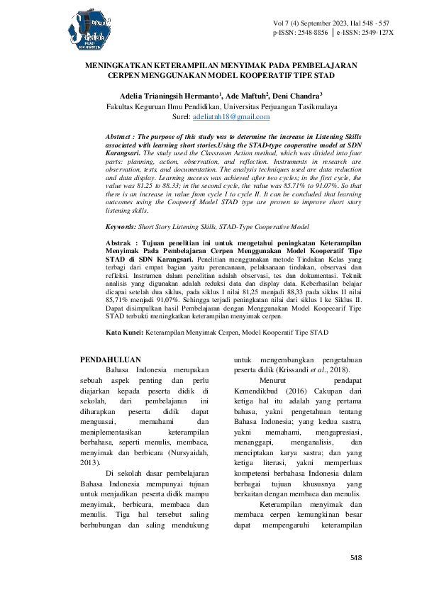 (PDF) Meningkatkan Keterampilan Menyimak Pada Pembelajaran Cerpen Menggunakan Model Kooperatif ...