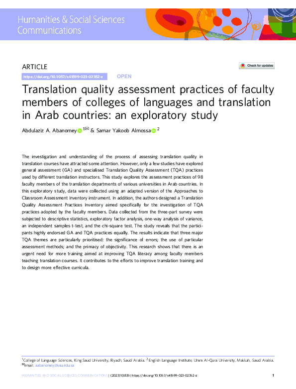 (PDF) Translation quality assessment practices of faculty members of ...