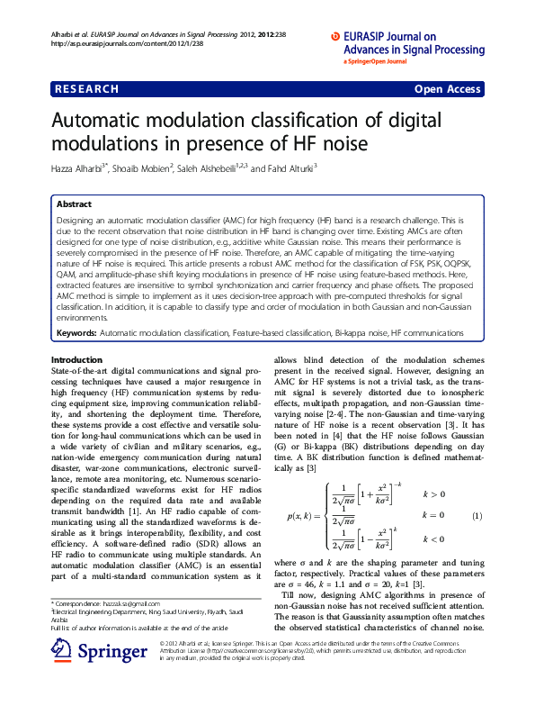 (PDF) Automatic modulation classification of digital modulations in presence of HF noise