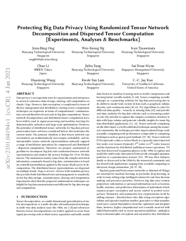 (PDF) Protecting Big Data Privacy Using Randomized Tensor Network Decomposition and Dispersed ...