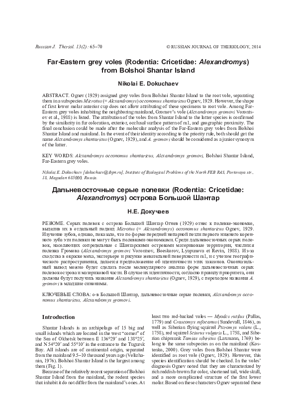 (PDF) Far-Eastern grey voles (Rodentia: Cricetidae: Alexandromys) from Bolshoi Shantar Island ...