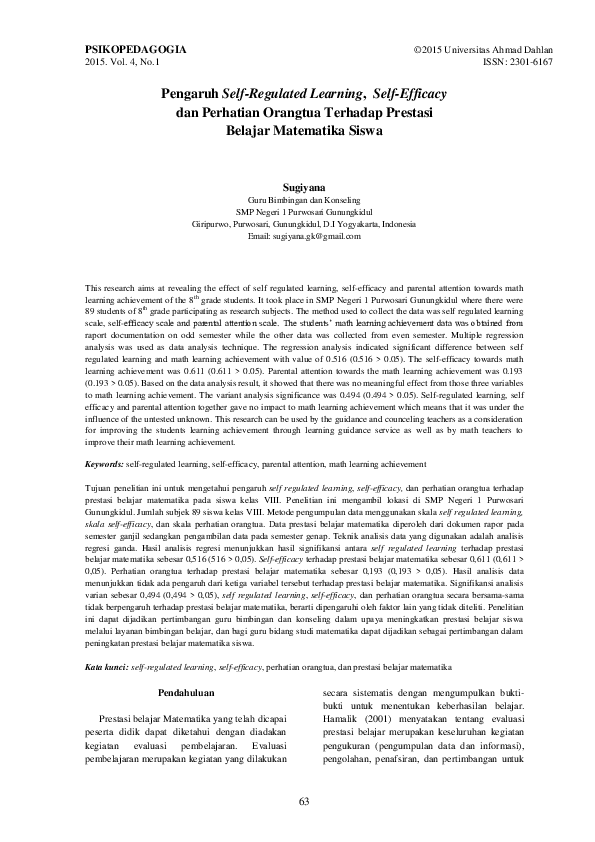 (PDF) Pengaruh Self-Regulated Learning, Self-Efficacy dan Perhatian Orangtua Terhadap Prestasi ...