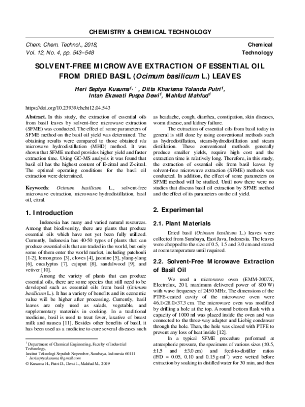 (PDF) Solvent-Free Microwave Extraction of Essential Oil from Dried ...