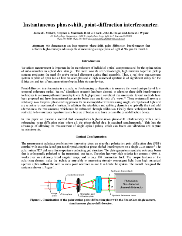 Pdf Instantaneous Phase Shift Point Diffraction Interferometer