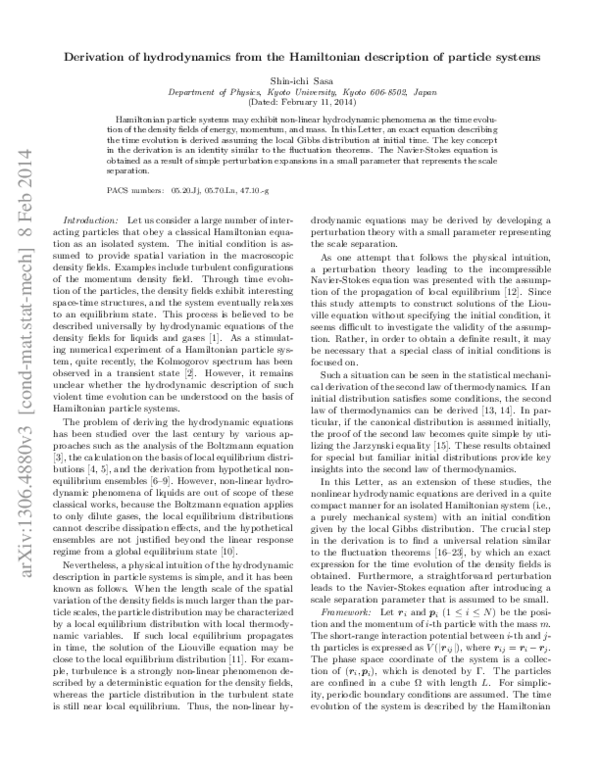 (PDF) Derivation of hydrodynamics from the Hamiltonian description of particle systems