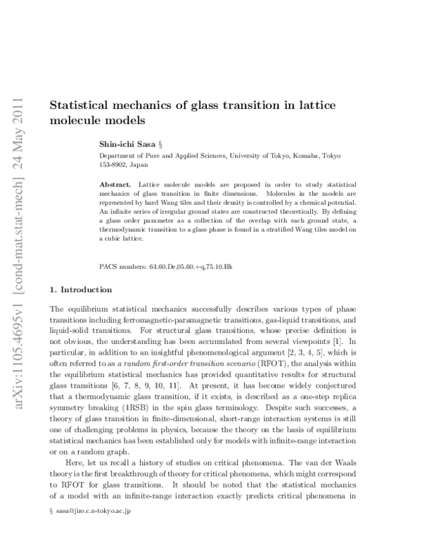 (PDF) Statistical mechanics of glass transition in lattice molecule models