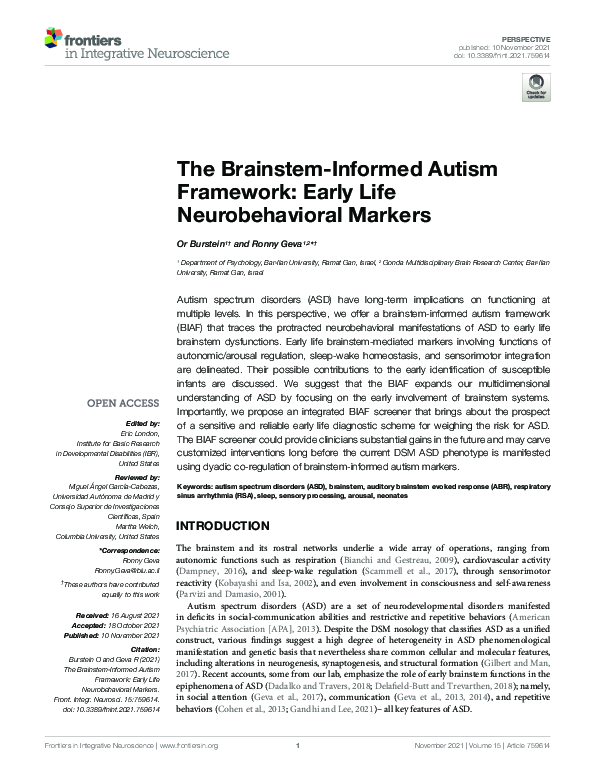 (PDF) The Brainstem-Informed Autism Framework: Early Life Neurobehavioral Markers