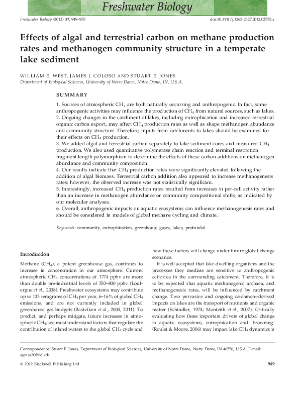 Pdf Effects Of Algal And Terrestrial Carbon On Methane Production