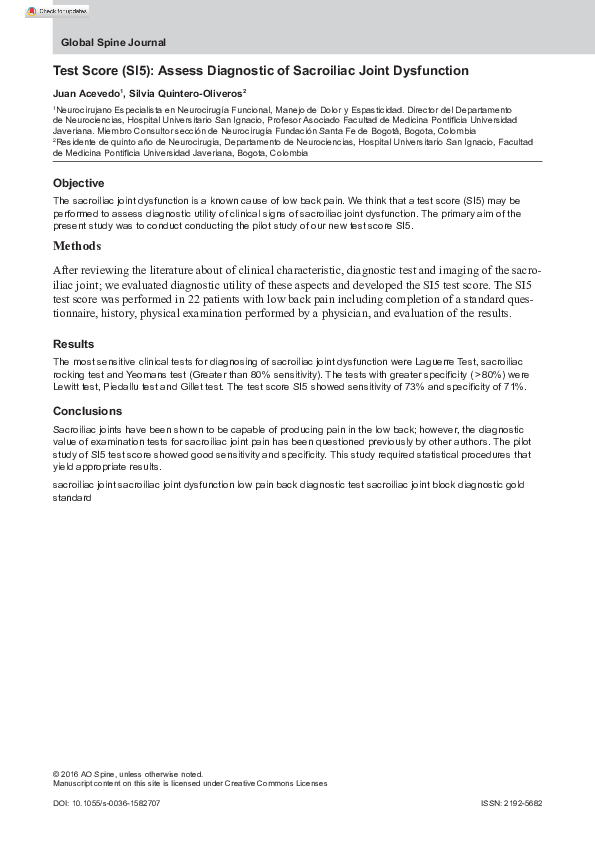 (PDF) Test Score (SI5): Assess Diagnostic of Sacroiliac Joint Dysfunction