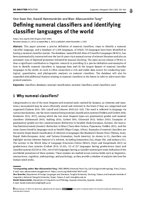 Pdf Defining Numeral Classifiers And Identifying Classifier Languages