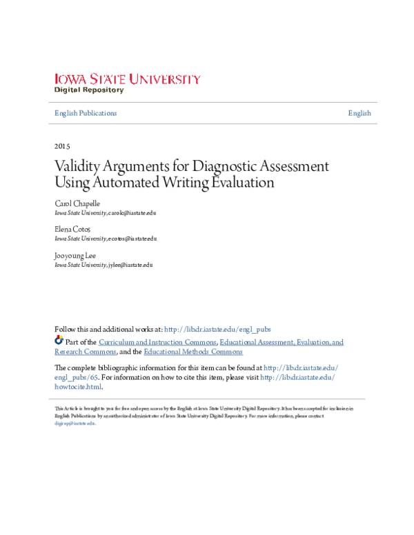 (PDF) Validity arguments for diagnostic assessment using automated writing evaluation