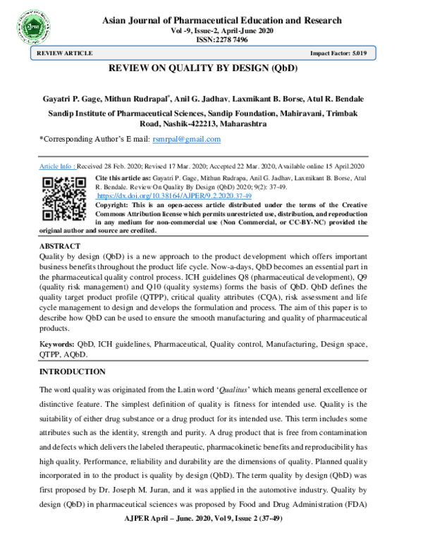 (PDF) REVIEW ON QUALITY BY DESIGN (QbD)
