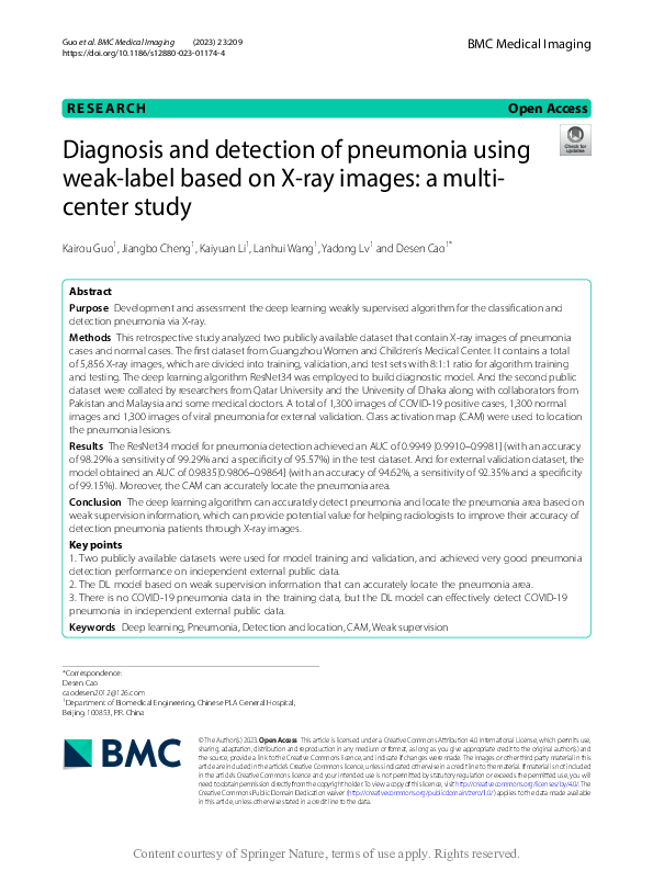 (PDF) Pneumonia Detection via Weakly Supervised X-rays