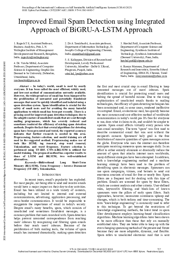 Pdf Improved Email Spam Detection Using Integrated Approach Of Bigru