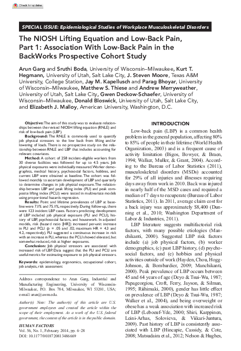 (PDF) The NIOSH Lifting Equation and Low-Back Pain, Part 1