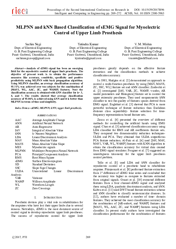 (PDF) MLPNN and kNN Based Classification of sEMG Signal for Myoelectric Control of Upper Limb ...