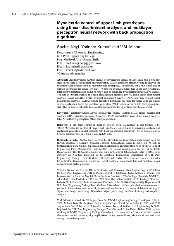 (PDF) Myoelectric control of upper limb prostheses using linear discriminant analysis and ...