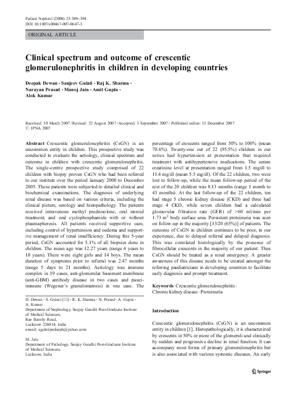 (PDF) Clinical spectrum and outcome of crescentic glomerulonephritis in ...