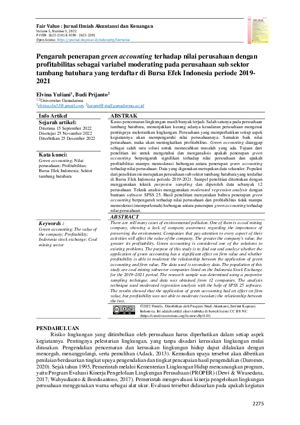 (PDF) Pengaruh penerapan green accounting terhadap nilai perusahaan dengan profitabilitas ...